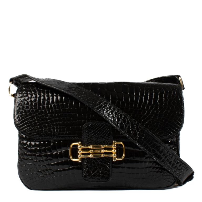 Celine Vintage Black Shiny Crocodile Mors Horsebit Shoulder Celine Vintage Black Shiny Crocodile Mors Horsebit Shoulder