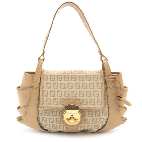 Fendi Logo Fabric and Tan Leather Baguette Bag Labellov Buy and Sell ...