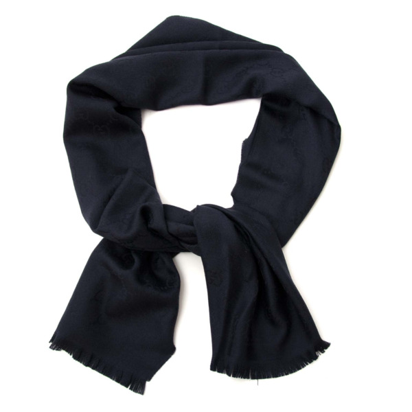 Gucci Dark Blue Monogram Wool Scarf Labellov Buy and Sell Authentic Luxury