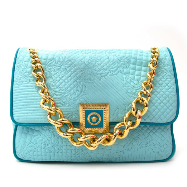 Versace Turquoise Quilted Leather "Vanitas" Flap Chain Shoulder Bag ...